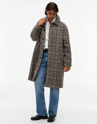 Tommy Hilfiger Mantel aus reiner Wolle mit Glencheck in Braun, einreihig