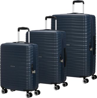 American Tourister Aerotech - 3-teiliges Hartschalen Kofferset (Handgep&auml;ck, Mittel, Gro&szlig;), Erweiterbar, Trolley-Set mit TSA-Schloss - Blau (Metallic Navy)