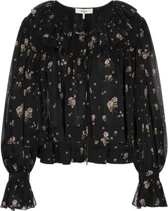 Chloé Femme, Blouses et Chemises, Noir, Taille: 40 FR Haut en Soie Noire à Volants avec Boutons en Nacre