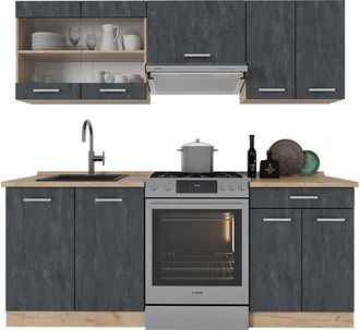 Vicco Küchenzeile R-Line, Schwarz Beton/Goldkraft Eiche, 200 cm ap Eiche