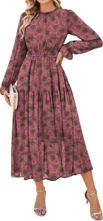 Grace Karin Blumen Kleid Fr&uuml;hling Damen Langarm Rundhals Chiffon Lang Party Cocktail Kleider CL0211-10/Rosa Rose XL