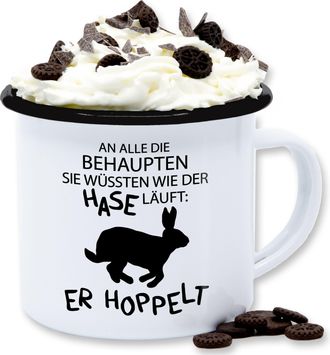 Shirtracer Emaille Tasse Blechtasse - Ostergeschenke - Der Hase hoppelt - 300 ml - Weiß Schwarz - ostern oster hasen frohe ostermotiv rabbit osterhase er osterüb