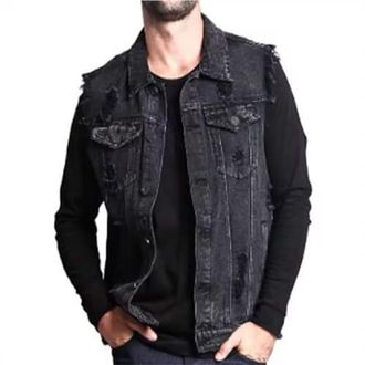 Generic Gilet court en jean sans manches d&eacute;chir&eacute; vintage boutonn&eacute; pour homme - Veste d&eacute;t&eacute; d&eacute;contract&eacute;e coupe ajust&eacute;e, Noir, L