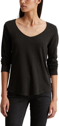 Marc O'Polo Denim Damen Langarmshirt aus Bio-Baumwolle mit V-Ausschnitt, Schwarz (Black), XS