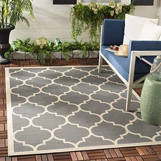 Safavieh Tapis géométrique pour Intérieur et extérieur - Courtyard Collection, Tapis à poil court, Anthracite et beige, 201 X 290 cm