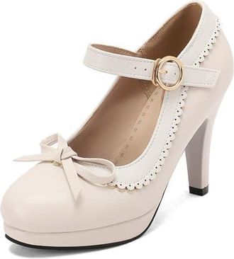 Generic Escarpins Mary Jane &agrave; bout rond pour femme avec noeud color&eacute; et boucle &agrave; talon &eacute;pais pour f&ecirc;te, beige, 40.5 EU