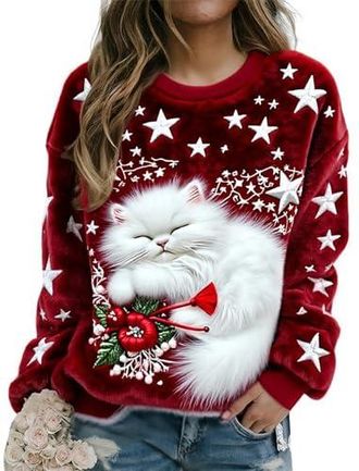 Generic Sweat-Shirt de No&euml;l en Flanelle avec imprim&eacute; Chat pour Femme, Style d&eacute;contract&eacute;, &eacute;l&eacute;gant, Doux et Chaud, Pull de No&euml;l Fantaisie &agrave; col Rond, Haut de Va