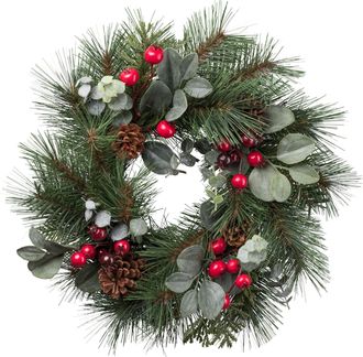 Creativ Green künstlicher Tannen-Mix-Kranz 48cm I Weihnachtskranz mit künstlichem Tannengrün, Eukalyptus, roten Beeren & echten Zapfen I Weihnachtskranz I Adventskr
