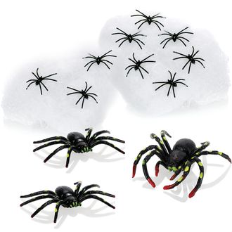 Com-Four 14-teiliges Deko-Set für Halloween - dehnbares Spinnennetz mit 12 Deko-Spinnen in unterschiedlichen Größen - künstliches weißes Spinnengewebe für Hall