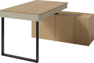 Mirjan24 Schreibtisch Lonitz LZ10 mit Kommode, Eckschreibtisch grifflos, 3 T&uuml;ren & 2 Schubladen, universell montierbar, B&uuml;rotisch auf Metallbein (Eucalyptus + 