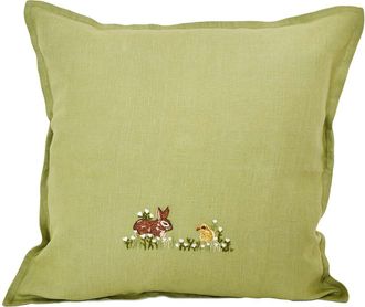 Loberon Kissenh&uuml;lle Willowmare - von Hand Bestickt - Fr&uuml;hlingshaftes Motiv mit H&auml;schen und K&uuml;ken - Ostern - Kissenbezug - Ostertextilien - Leinen, gr&uuml;n