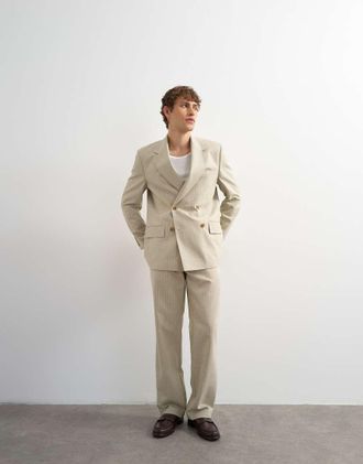 Topman Blazer d&eacute;contract&eacute; ray&eacute; &agrave; double boutonnage - Taupe-Neutral