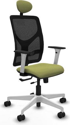 Piqueras y Crespo B&uuml;rostuhl mit wei&szlig;en und schwarzen Armlehnen, h&ouml;henverstellbarer Lendenwirbelst&uuml;tze und festem Kopfteil, ausgestattet mit Syncro/Traslack. Schwarz/Oli