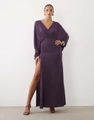 Asos robe longue blousante et pr&egrave;s du corps en prune-VIOLET
