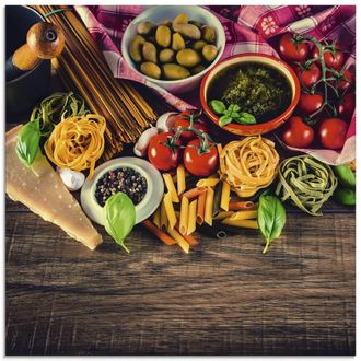 Artland ARTland Wanddeko Glasbilder Wandbild Glas Bild einteilig Quadratisch Toskana Italien Dolce Vita Essen Pasta Oliven Gemüse Mediterran S7SL