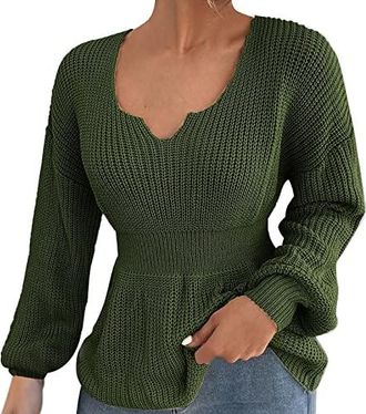 Generic Pull Leger Femme Pull Laine Femme Hiver Chaud Femmes Hiver Col en V Couleur Unie à Volants Taille Tricoté Chaud Laine Haut Manche Longue Green L