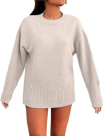 Generic Pull pour femme col rond couleur unie pull r&eacute;tro crochet motif floral pull pull haut d&eacute;contract&eacute; confortable &agrave; porter au quotidien pour lautomne et lh