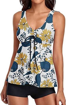 Minetom Maillot de Bain Femme 2 Pièces Short Tops Tankini Dos Nu Grande Taille Push Up Bikini Imprimé Rembourré K Jaune XXL
