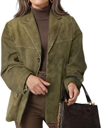 Generic Veste blazer en daim synth&eacute;tique pour femme avec revers crant&eacute; simple boutonnage en cuir, Vert, 3XL
