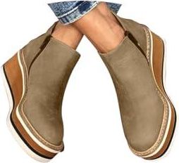 Generic Bottines compens&eacute;es pour femme - Couleur unie - Bout rond - Chaussures courtes dhiver et dautomne - En cuir - Bout rond - Fond &eacute;pais, beige, 35.5 EU