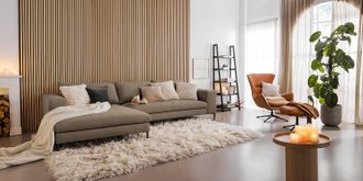 Studio Copenhagen home24 Ecksofa mit Longchair Braun Webstoff Caya 315 x 83 x 170cm Longchair davorstehend links mit Schlaffunktion ohne Hocker Modern