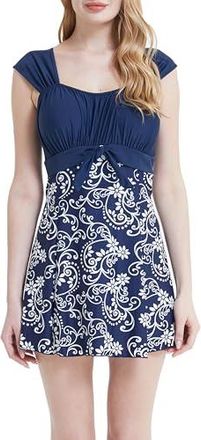 Wantdo Femme Maillot 1 Pièce Maillot de Bain Jupette Plage Push Up Amincissante Slim Cache Ventre Maillot avec Jupe Elégant Grande Taille Floral Tankini Porc