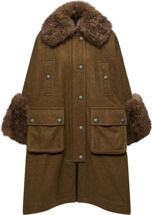 Moncler Moncler Cape Mantreau En Loden &Agrave; Bordure En Shearling, Femme, Marron, Taille: 1
