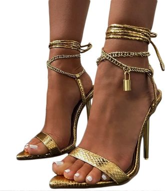 TOMWELL Damen Sommer Offene Zehe Spitz Sexy Metallkette Stöckelabsatz Hohe Hacke Schnuerschuh Sandalen Sandalette High Heel B Gold 41 EU