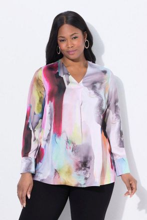 Ulla Popken Satinbluse Seiden-Tunika Aquarell-Design V-Ausschnitt Langarm
