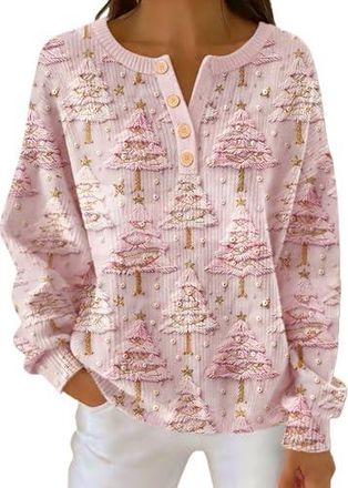 Generic Chandail de Noël surdimensionné à col en V et boutons pour femme, pull de Noël décontracté à manches longues, motif amusant de Noël, pull à manches lo