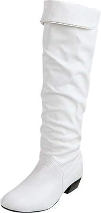 Generic Bottes mi-hautes décontractées pour femme 2025 - Couleur unie - Larges mollets - En cuir froncé doux - Talons carrés - Imperméables et confortables - 