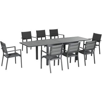 OUTSUNNY Ensemble de jardin 8 personnes chaises empilables table extensible 135/270L cm alu. textil&egrave;ne gris