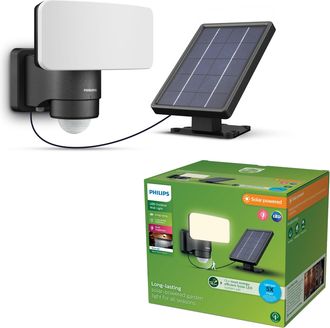 Philips Tylus ultraeffiziente Solar-Sicherheitsleuchte für den Außenbereich mit Sensor, 3000K weißes Licht, 1000/50lm, Schwarz