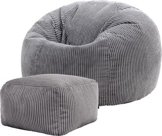 Icon Brand Kingston Sitzsack mit Hocker Cord, Dunkelgrau, Sitzsack Erwachsene mit Füllung, Bean Bag, Cord Sessel, Lounge Sessel, Lounge Stuhl, Schlafzimmer, Wohn