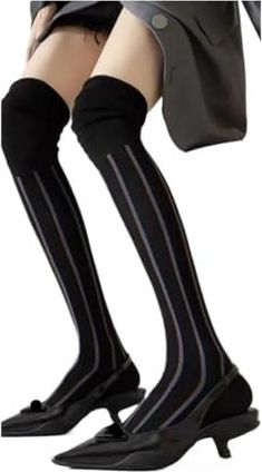Generico Chaussettes sup&eacute;rieures &agrave; rayures verticales, chaussettes de printemps l&eacute;g&egrave;res pour femmes, Noir, Taille Unique