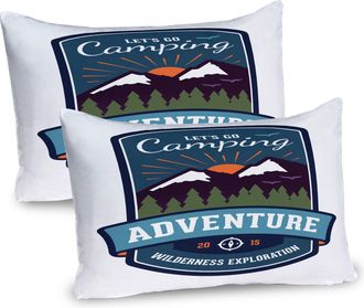 Abakuhaus Abenteuer Kissenbezug Packung mit 2, Schild von Camping Wildnis Exploration Berge Illustration, Dekorativer Standard Gedruckter Kissenbezug, 80 x 40 c