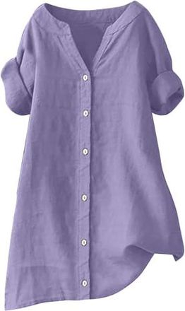 Generic Robe &eacute;l&eacute;gante en lin pour femme - Robe chemisier &eacute;l&eacute;gante &agrave; manches longues avec boutons - Grandes tailles - T-shirt d&eacute;t&eacute; classique - Chemisier en mou