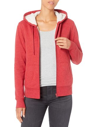 Amazon Essentials Damen Sherpa-gefütterte Fleece-Kapuzenjacke mit durchgehendem Reißverschluss (erhältlich in Übergröße), Rot Meliert, L
