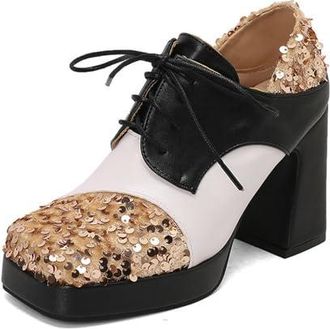 Generic Mocassins classiques &agrave; lacets et paillettes pour femme - Patchwork Oxford Brouges - Plateforme &eacute;paisse - Bout carr&eacute;, dor&eacute;, 38.5 EU