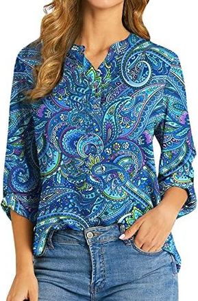 Generic Robes boh&egrave;mes pour femmes, t-shirts &agrave; motif floral, hauts d&eacute;contract&eacute;s, col boutonn&eacute;, chemisiers, t-shirt &agrave; manches longues, bleu, XXL