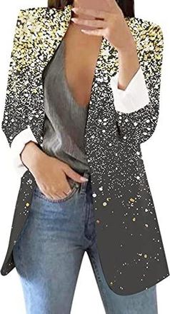 Generic Blazer &eacute;l&eacute;gant &agrave; manches 3/4 pour femme - Blazer court avec poches et bouton pour femme - Blazer de travail &agrave; revers crant&eacute; avec ceinture, dor&eacute;, M