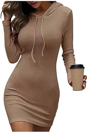 Generic Robe à capuche à manches longues pour femme, robe courte décontractée de couleur unie avec cordon de serrage, col en V, robe moulante et chaude, robe 