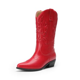 Dream Pairs Damen Cowboystiefel Halbhohe Cowgirlstiefel Stickereien Westernstiefel Fashion Herbststiefel Boots,Size 41.5,Rot,DWUMMB2419