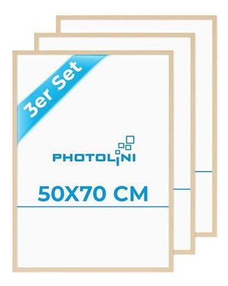 Photolini Cadre 50x70 bois naturel MDF, lot de 3 cadre pour puzzle 50x70 et posters, cadre photos avec verre acrylique incassable, cadre photo 70x50 &agrave; suspendre