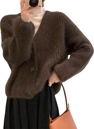 Generic Pull en tricot &agrave; col en V pour femme - Solide - Nouveaut&eacute;s de la mode cor&eacute;enne - Streetwear - Cardigans courts, Pull marron, Taille XL