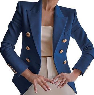 Generic Blazer bleu avec boutons dor&eacute;s - Blazer court &eacute;l&eacute;gant &agrave; manches longues - Veste blazer &agrave; revers - Col montant - Blazer court cintr&eacute; - Costume daffaire
