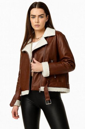 Worldclassca Lederimitatjacke Worldclassca Bikerjacke Lederimitat Lammfellimitat Reverskragen Gürtel