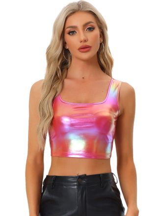 Allegra K Damen Metallic Crop Top Party Tanktop &Auml;rmellos Gl&auml;nzend Club Bauchfrei Oberteil Rot Rosa XL