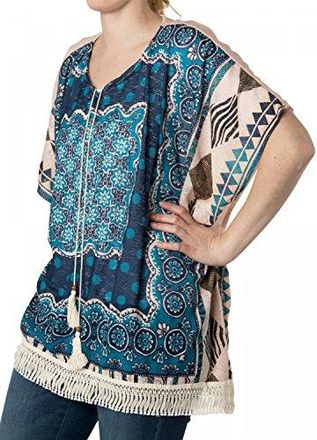 styleBREAKER Poncho avec Un Motif Ethnique à Fleurs Effet légèrement ajouré, Franges, été, Oversize, Style Boho, Femmes 08010025, Couleur:Rose