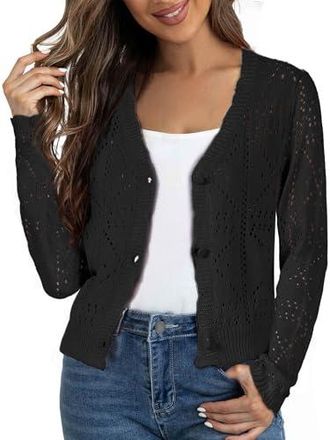 Allegra K Cardigan en Tricot Femme Gilet Court au Crochet Boutonné à Manches Longues Pull Léger à Col en V Ajouré Noir L